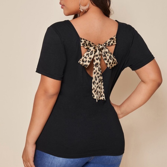 Tops | Black V Neck Solid Leopard Print Low Back Tee Top | Poshmark